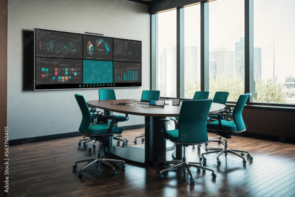 A modern conference room with a large interactive touchscreen display ...