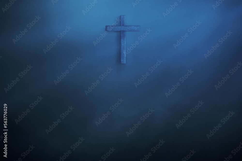 wood jesus cross, dark black blue horror night background, scary ...
