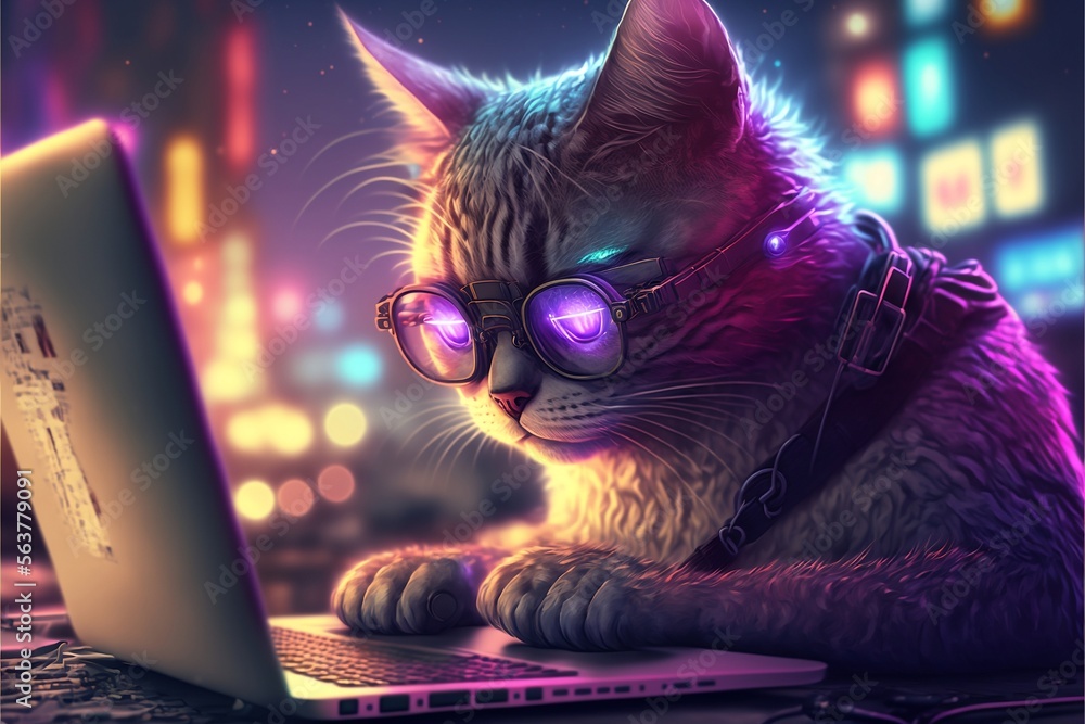 Abstract cat hacker working on laptop, Technology cyberpunk background ...