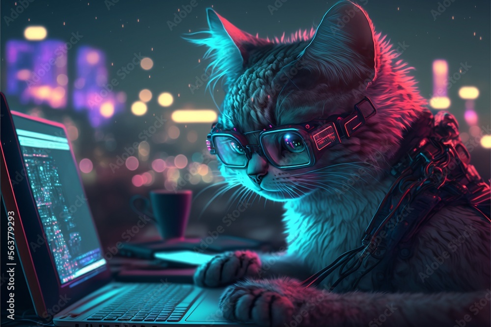 Abstract cat hacker working on laptop, Technology cyberpunk background ... Abstract cat hacker working on laptop, Technology cyberpunk background ...