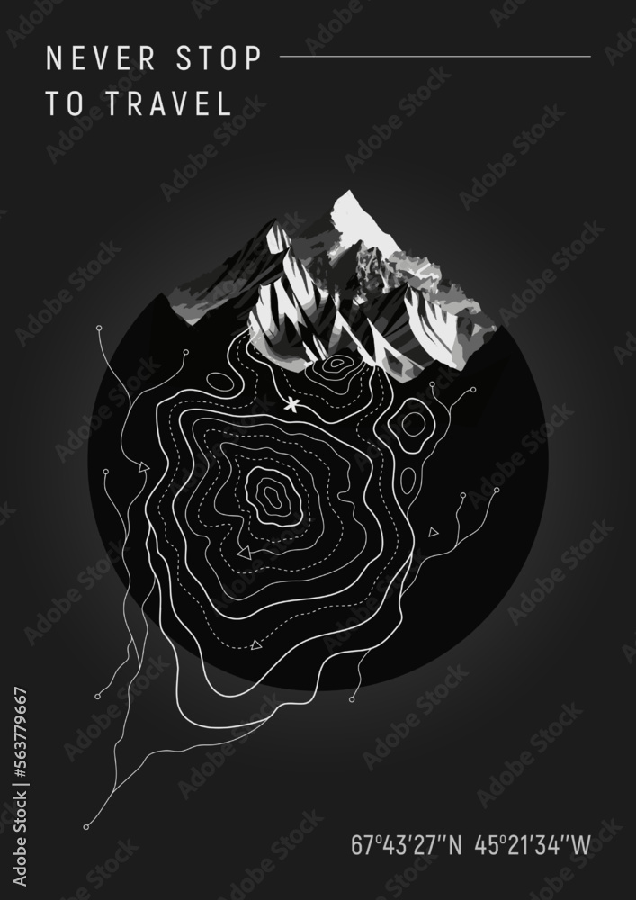 Outdoor poster of topographic line map with mountain. Wood rings ...