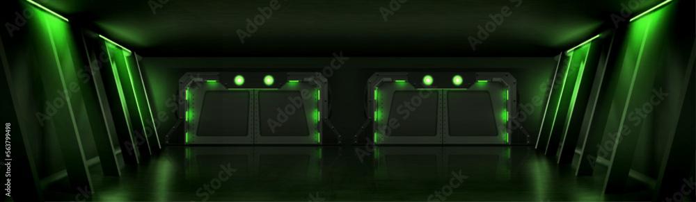 Spaceship, ship or laboratory metal gates. Futuristic interior with ...