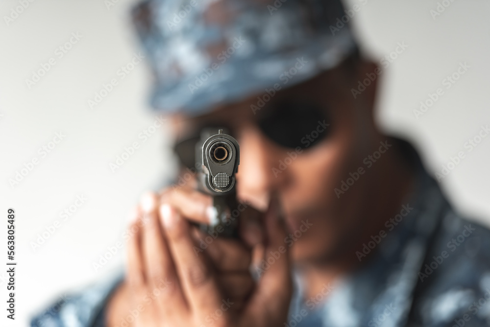 Police cop constable holding Pistol Is preparing to shoot bandit ...