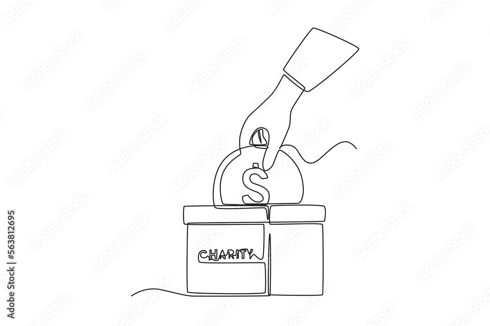 Continuous one line drawing hand puts coin into box charity in the ...