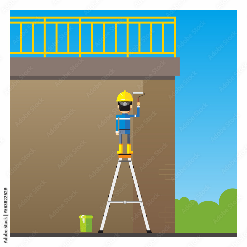 Worker stand on top of portable ladder. Unsafe act. Working at height ...