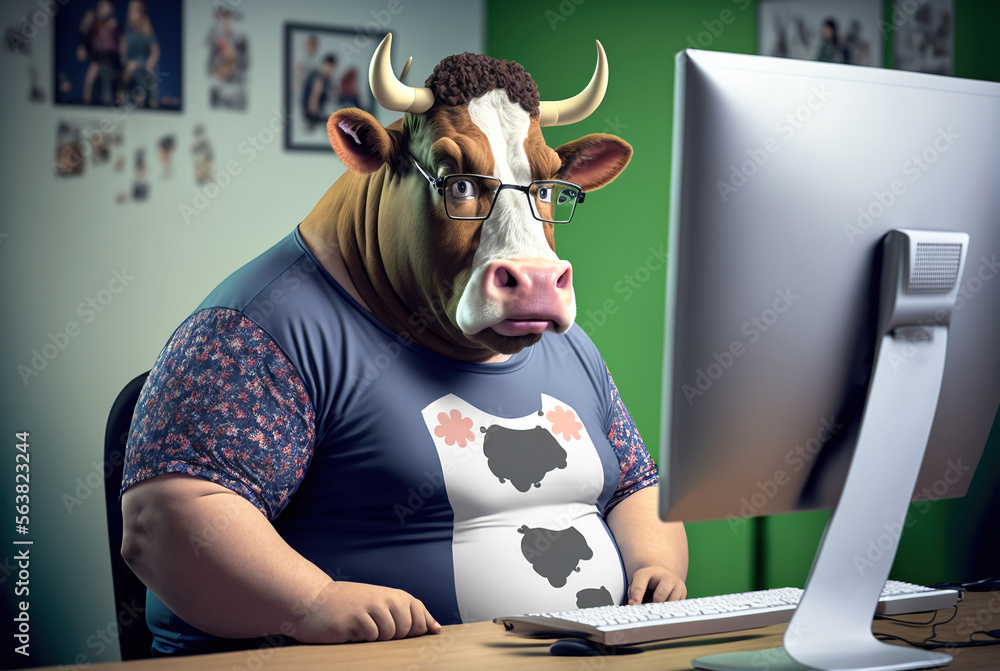 A fat cow is sitting at the office table in front of a computer ...