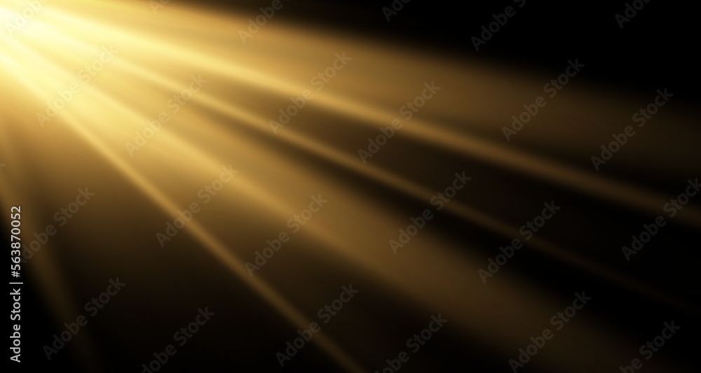 Vector golden sun light effect. Glowing sunrays on black background ...