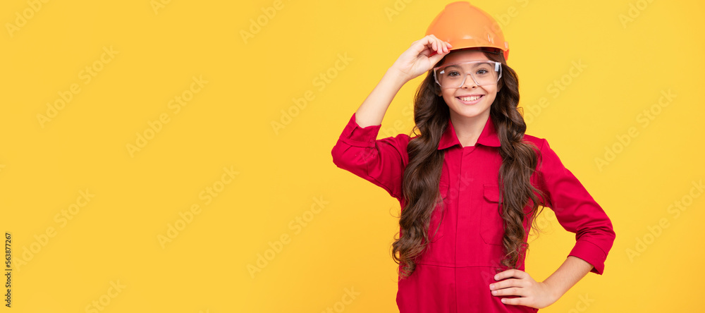 Architect teenager girl. kid future engineer on yellow background ...