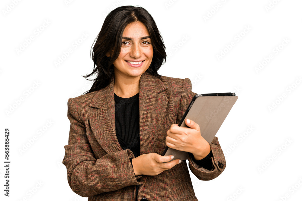 Young indian woman using her tablet isolated Stock Photo | Adobe Stock