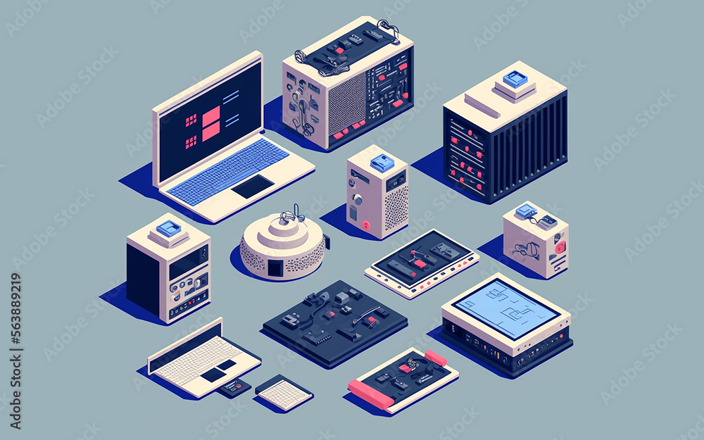 Big data center isometric icon pack, server room rack, engineering ...