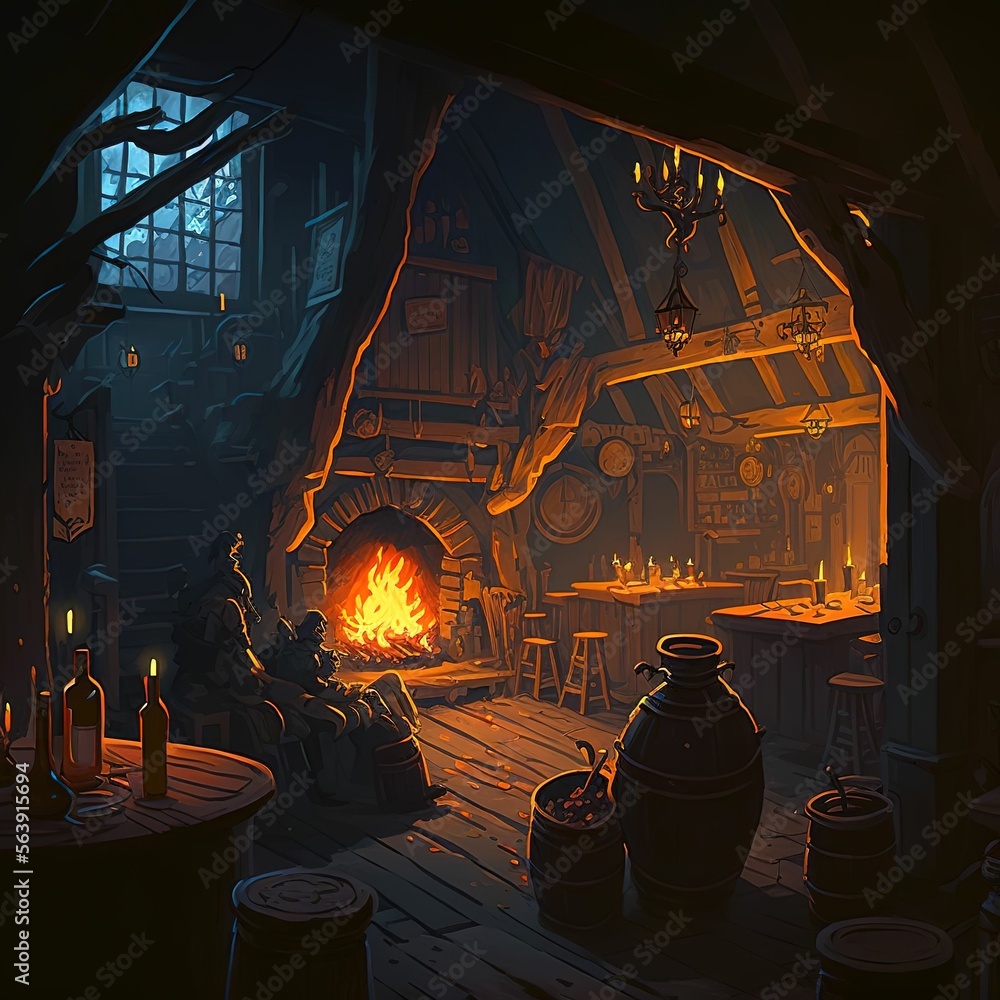 Warm lit friendly medieval fantasy tavern inn, lanterns, concept art ...
