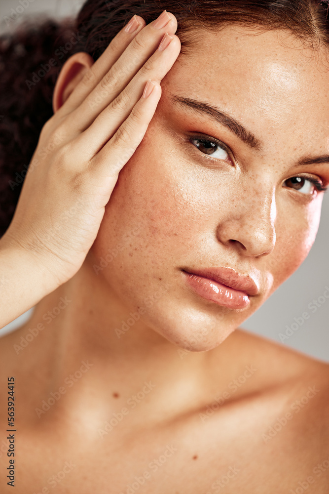 Skincare, face portrait and beauty glow on skin with freckles for ...