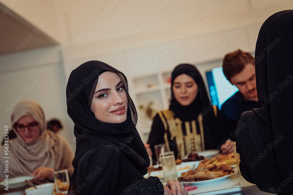 Eid Mubarak Muslim family having Iftar dinner taking pictures with ...
