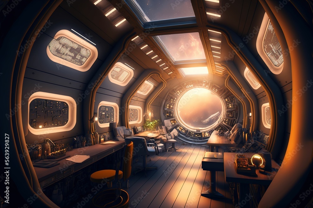 Stockillustrationen Futuristic spaceship cockpit interior. Future spacecraft control panels ...