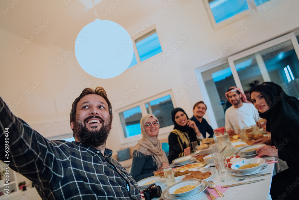 Eid Mubarak Muslim family having Iftar dinner taking pictures with ...