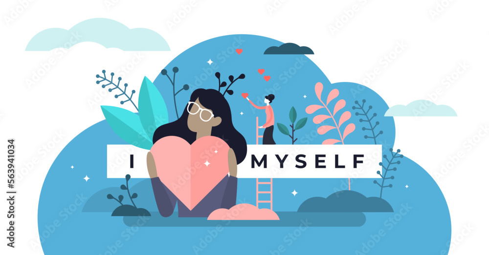 Self esteem illustration, transparent background. Flat tiny personal ...