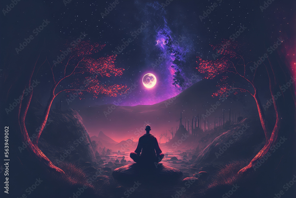 Buddhist monk meditating under star night sky . Energy and power of ...