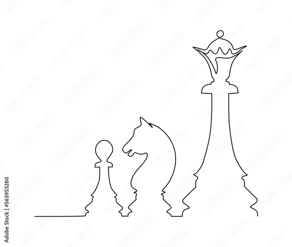 Continuous one line drawing of pawn, knight and king. simple chess ...