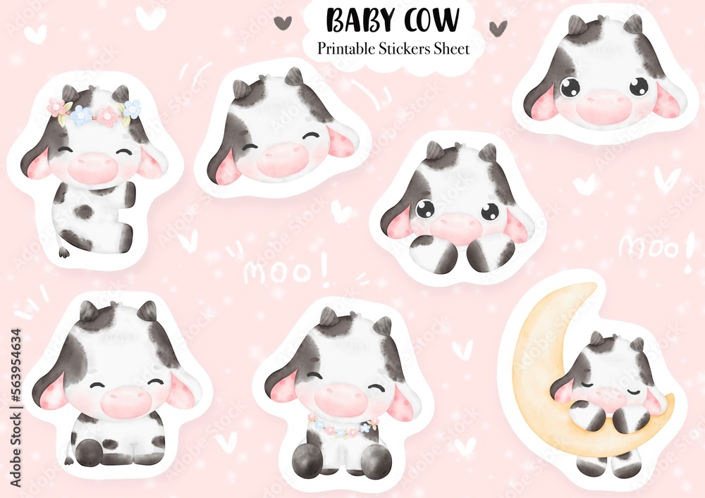 Cute Cows Printable Sticker Sheet Stock Illustration | Adobe Stock
