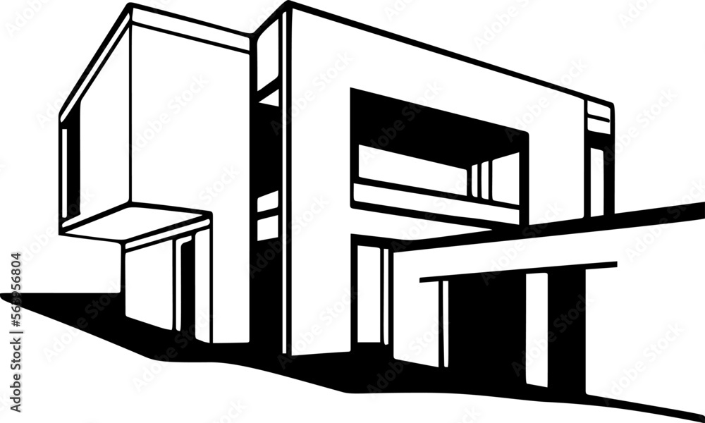Flat roof house or commercial building in continuous line art drawing ...