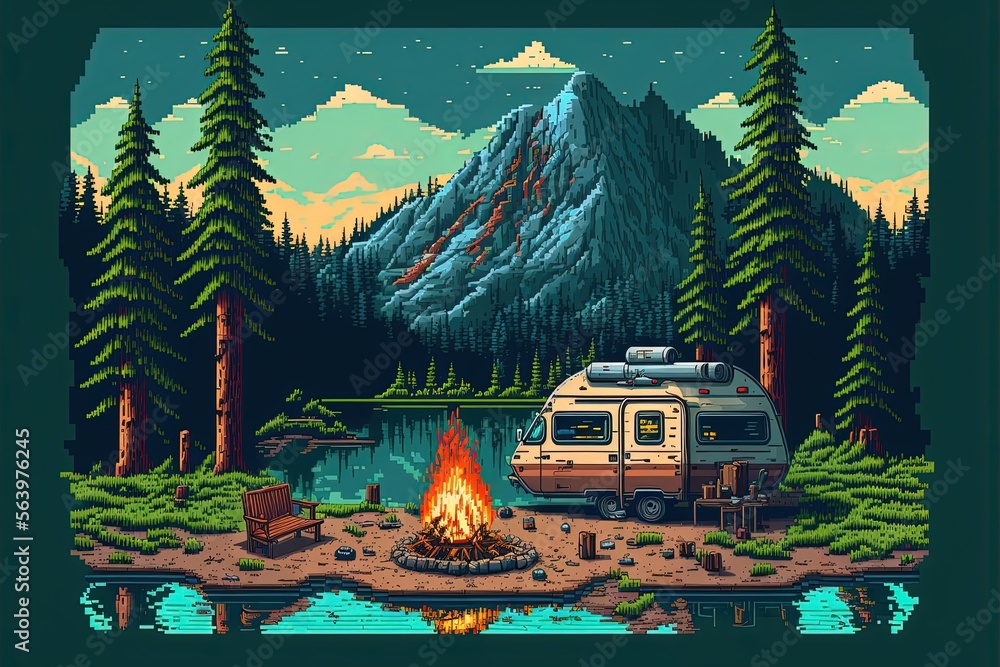 Pixel art camping in the woods, campsite with trailer and campfire ...