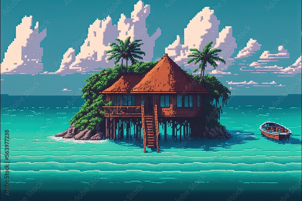 Pixel art bungalow on paradise island beach, tropical resort, landscape ...