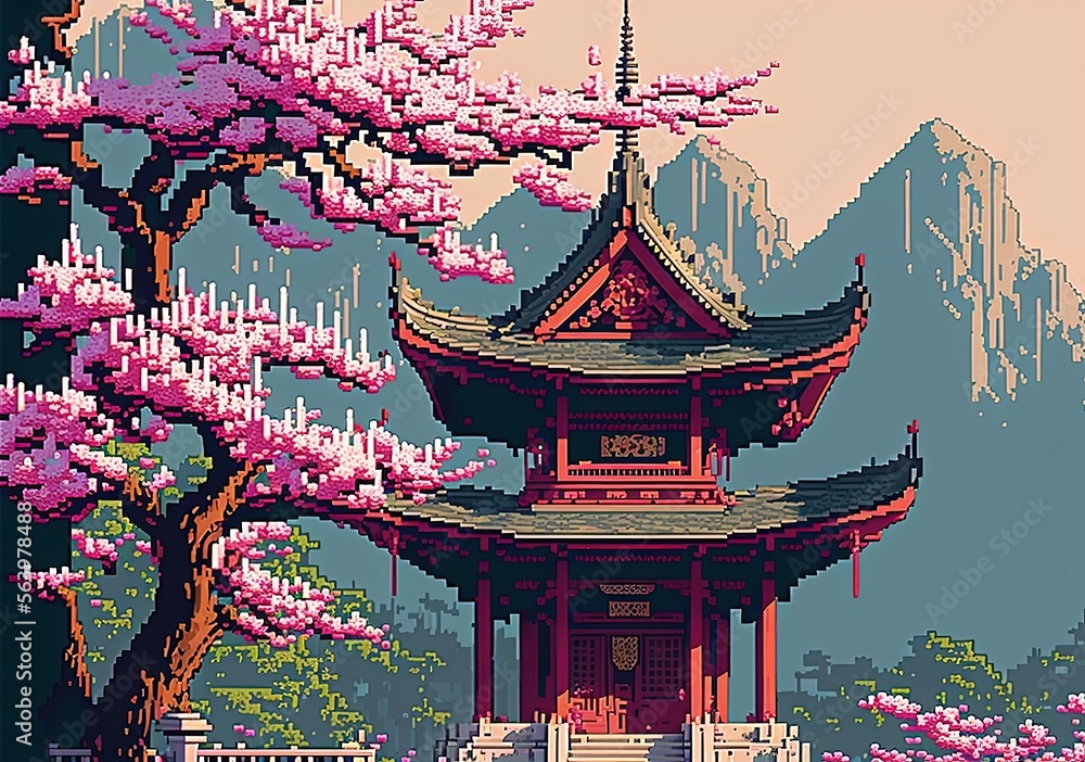 Pixel art Chinese temple and cherry trees in the mountains, landscape ...
