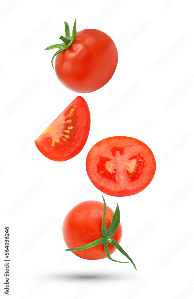 Whole and slice tomato falling in the air isolated on transparent ...