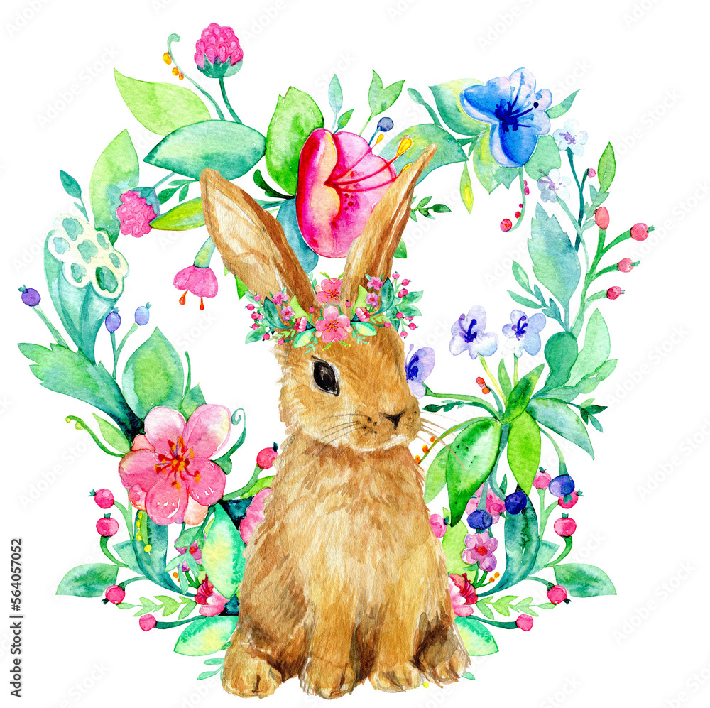Easter bunny with flowers watercolor illustration, 600 dpi PNG with ...