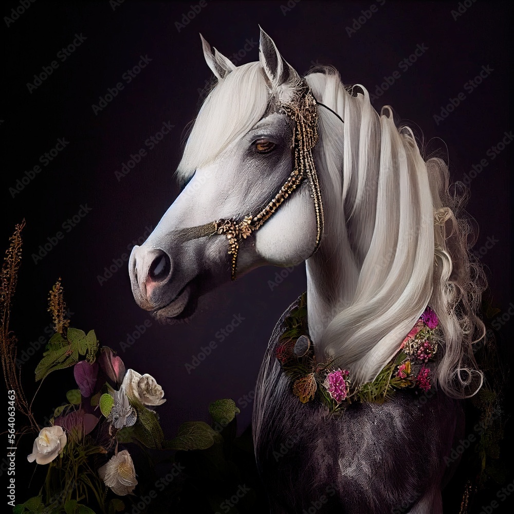 Mystical horse with a beautiful mane and flowers. A magical fairy tale ...