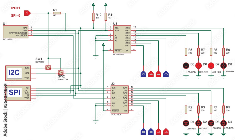 Schematic diagram of electronic device. Vector drawing electrical circuit with led, button ...