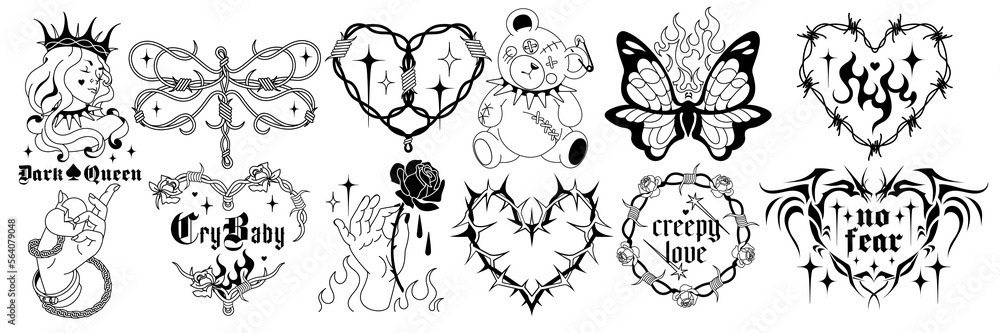 Vector de Stock Emo gothic Tattoo art, vintage 90s, 00's silhouettes ...