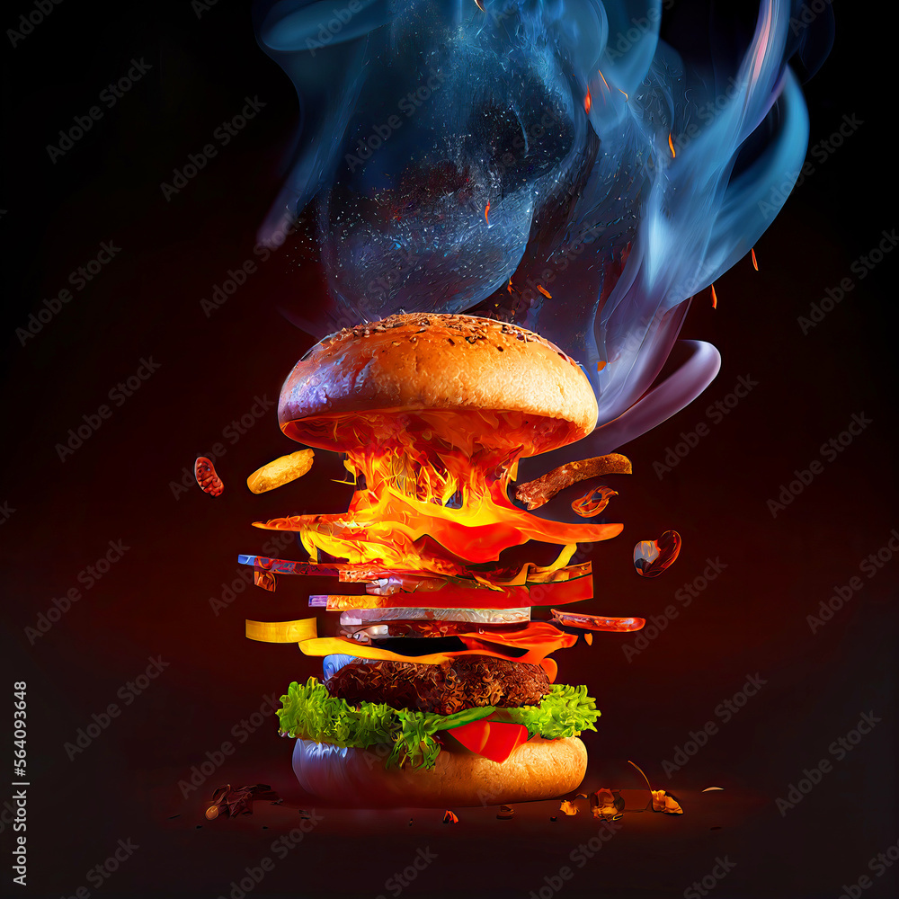 Separated ingredients of Cheeseburger in dynamic view in neon disco ...