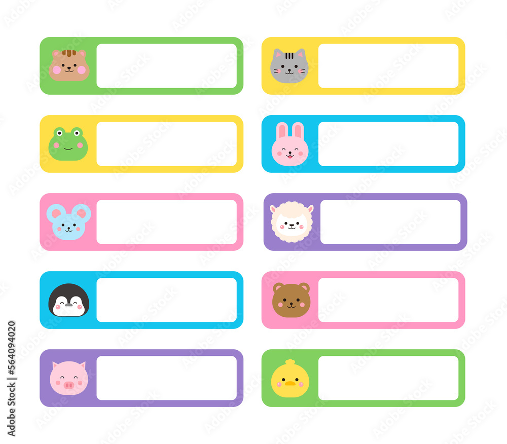 A collection of cute name label designs with animal character concepts ...