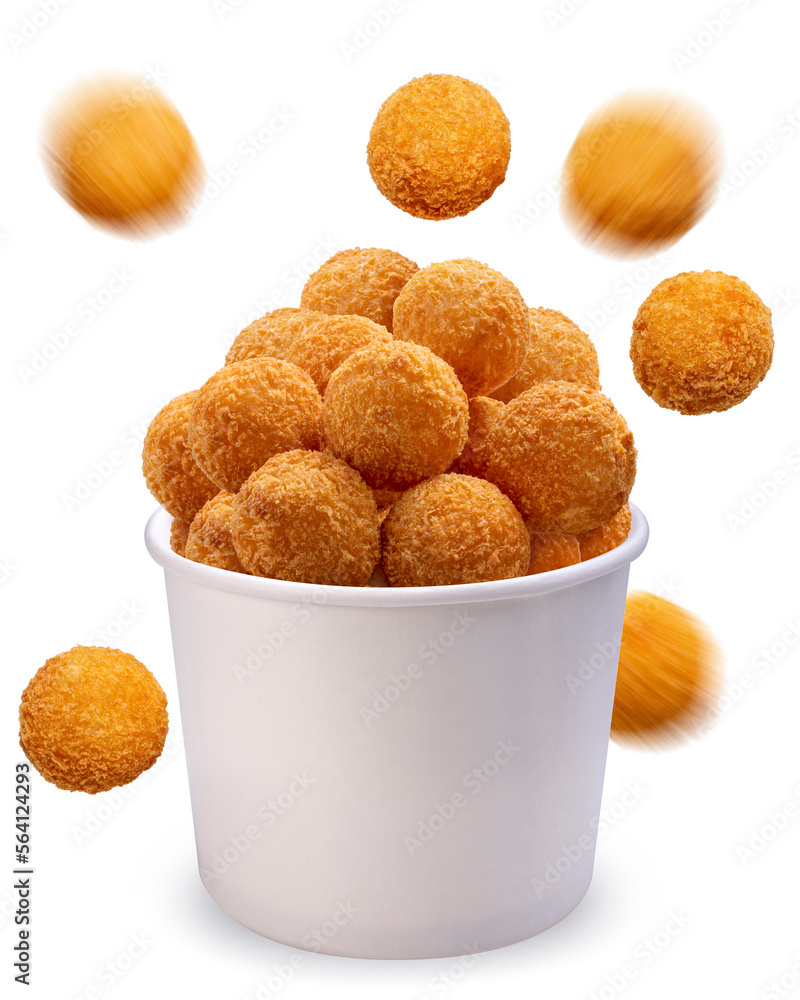 Crispy Cheese ball flying out of white paper bucket isolated on white ...
