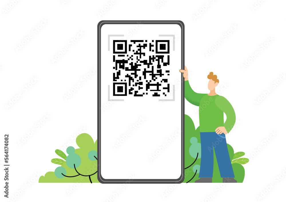 Character young man holding smartphone with qr code on screen. Concept ...