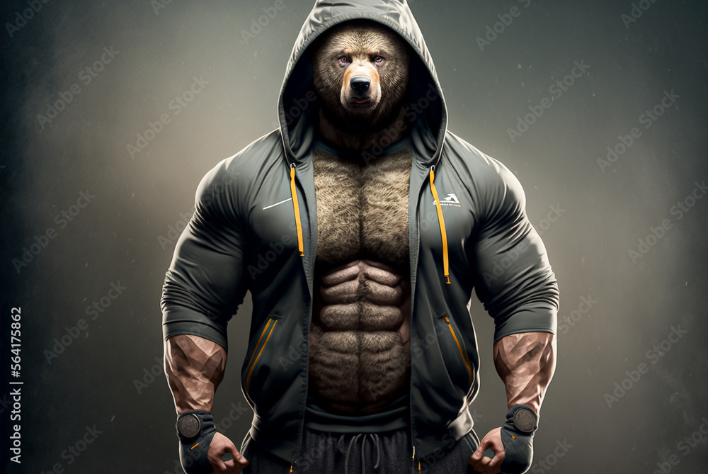 Bodybuilder bear strains all muscles and screams. Black background ...