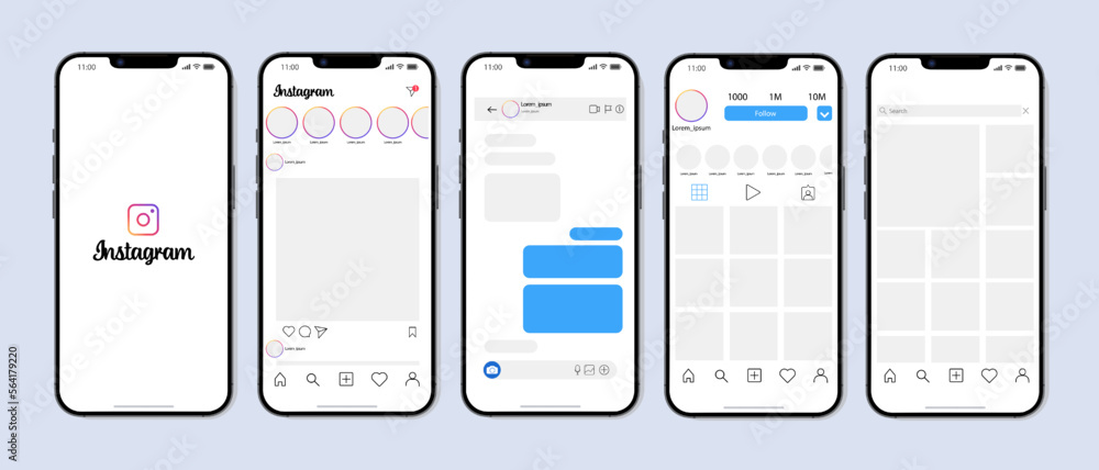 Instagram in iphone. Set screen social media and network interface template. Photo frame ...