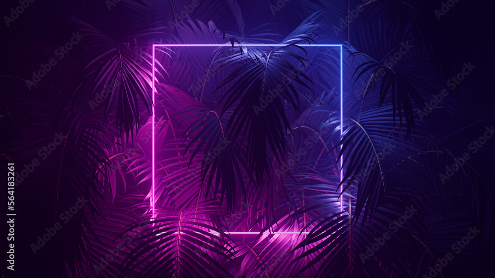 Cyber Background Design. Tropical Plants with Pink and Blue, Square ...