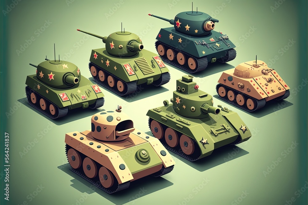 Ilustración de Stock Cartoon style illustration of a set of war ...