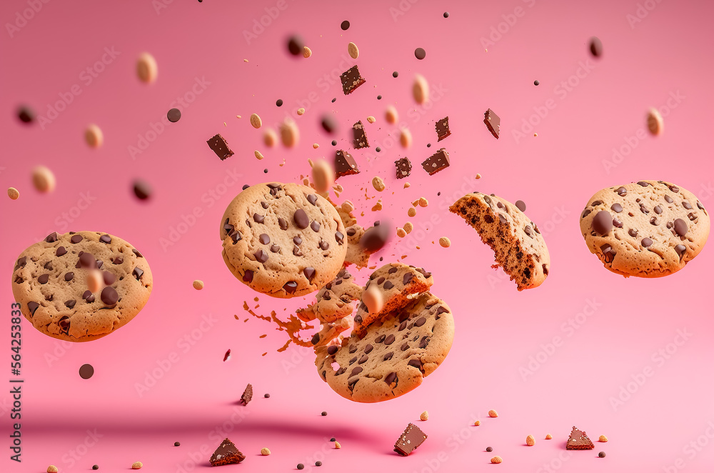 Flying chocolate chip cookies with falling confetti on pink background ...