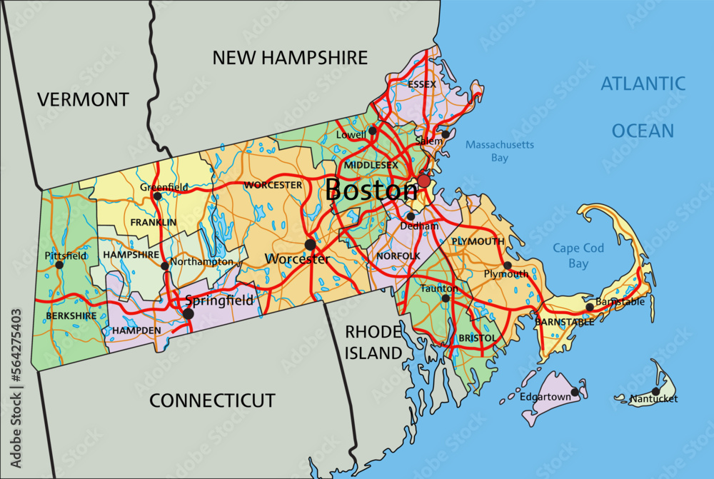 Massachusetts - Highly detailed editable political map with labeling ...