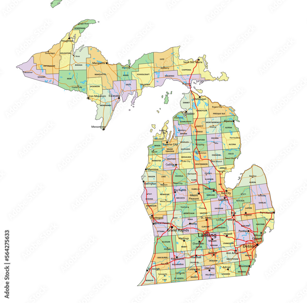 Michigan - Highly detailed editable political map with labeling. Stock ...