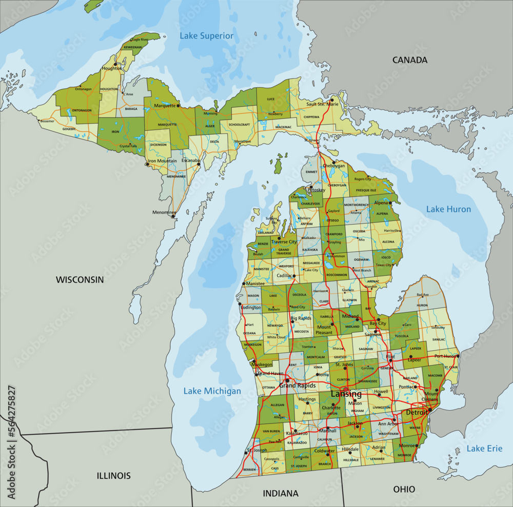 Highly detailed editable political map with separated layers. Michigan ...