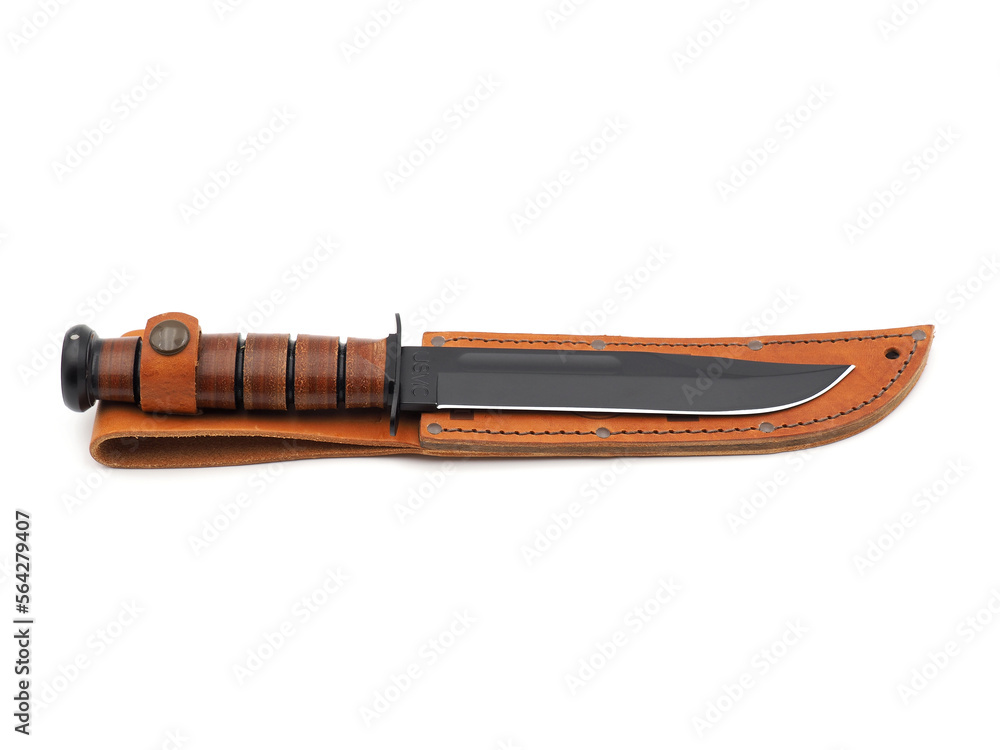ROME, ITALY - JANUARY 24, 2023. Ka-Bar Military Knife with leather ...