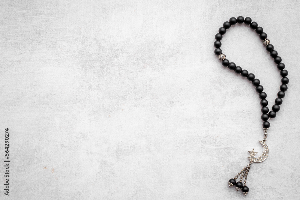 Islamic background with Muslim rosary and silver crescent moon Stock ...