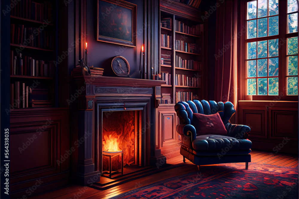 A cozy library room with a fireplace, bookshelves, and a comfortable ...