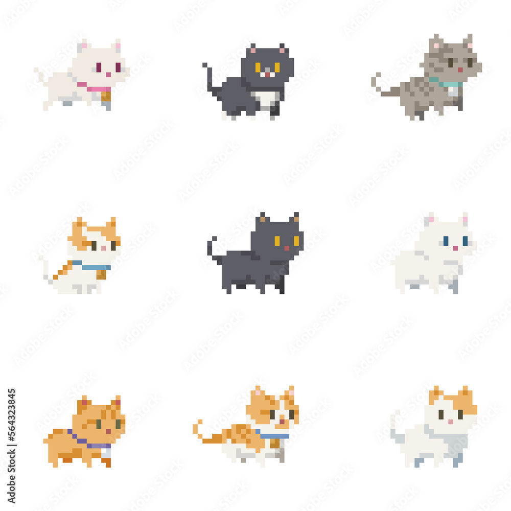 Pixel art 8 bit Cute Cats Kittens set domestic pet isolated stock ...
