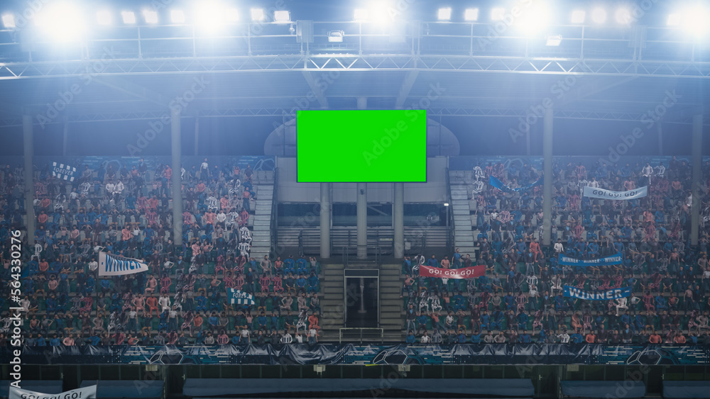 Stadium Championship Match: Scoreboard Green Chroma Key Screen. Crowd ...
