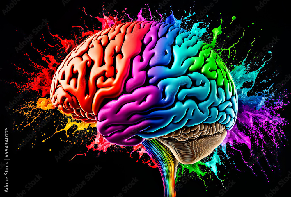 Multicolored human brain with paint splatter on black background Stock ...